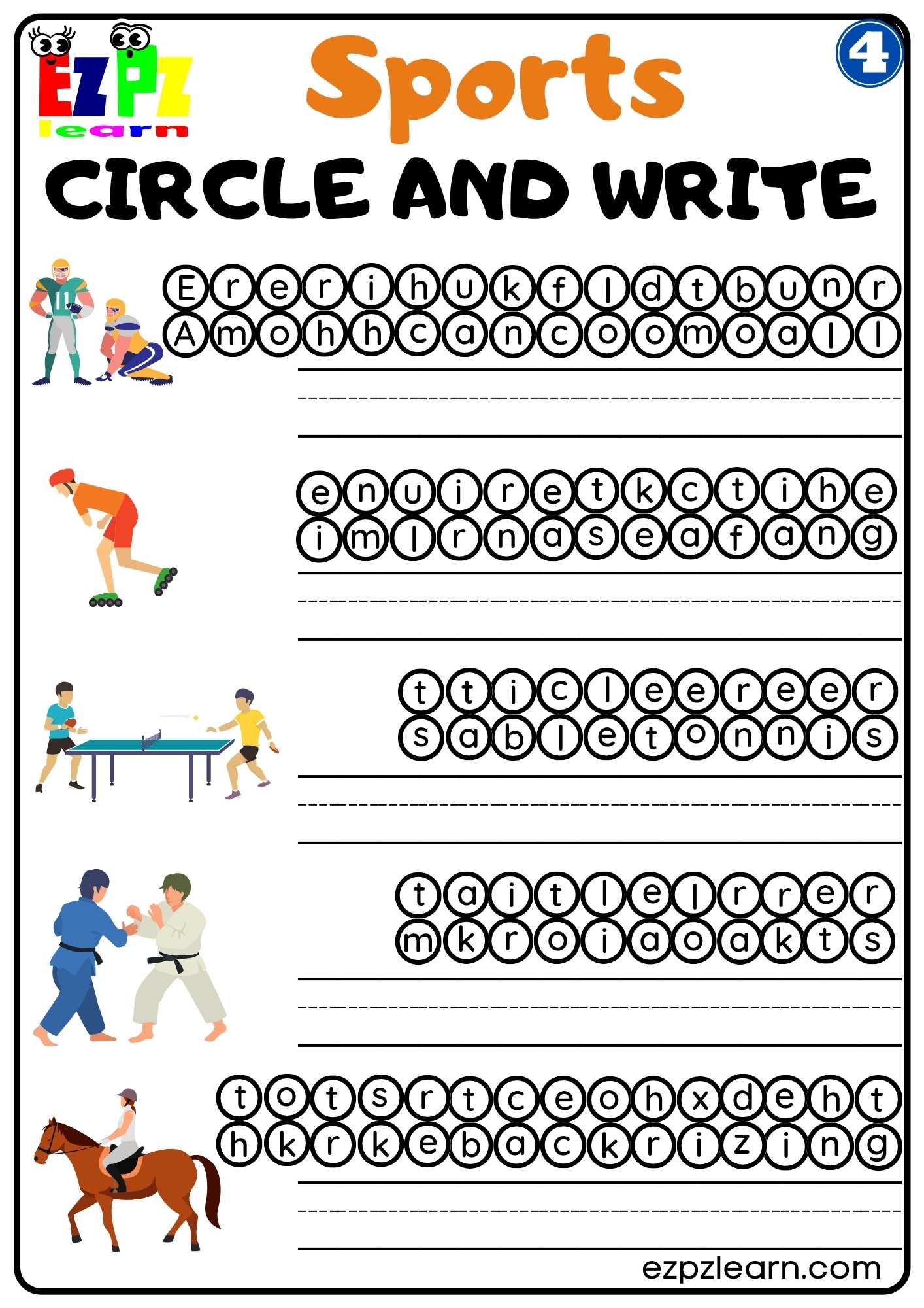 Group 4 Sports Circle and Write Worksheet for K5 and ESL Students PDF Download - Ezpzlearn.com